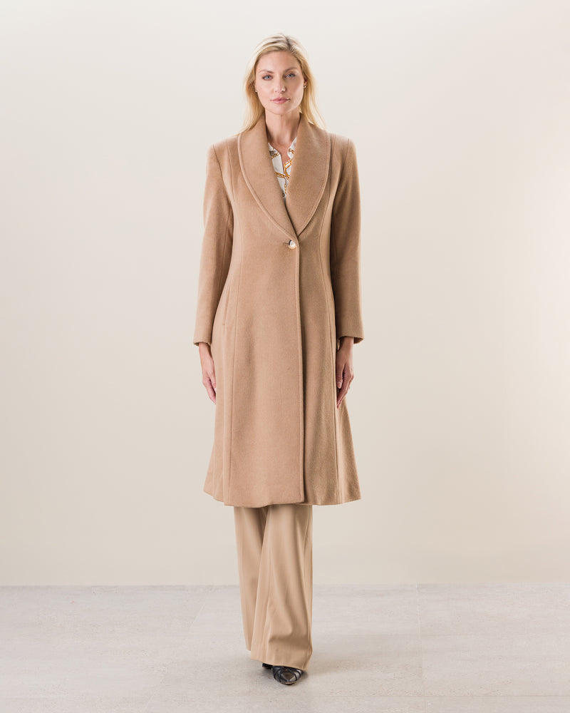 Elegant Camel Hair Long Coat with Flared Silhouette | Sofia Cashmere ...