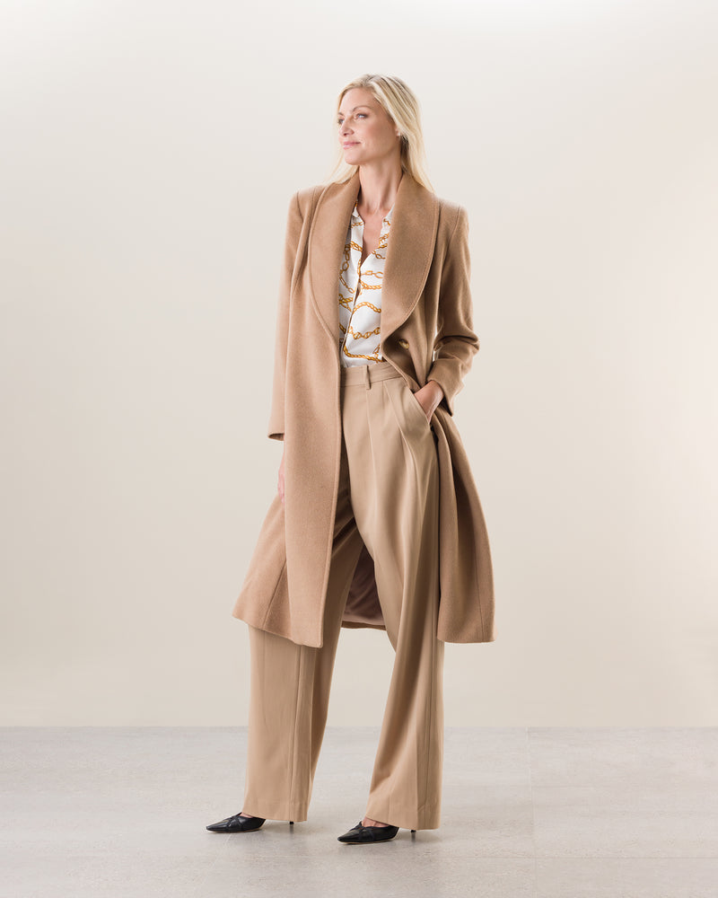 Elegant Camel Hair Long Coat with Flared Silhouette | Sofia Cashmere ...
