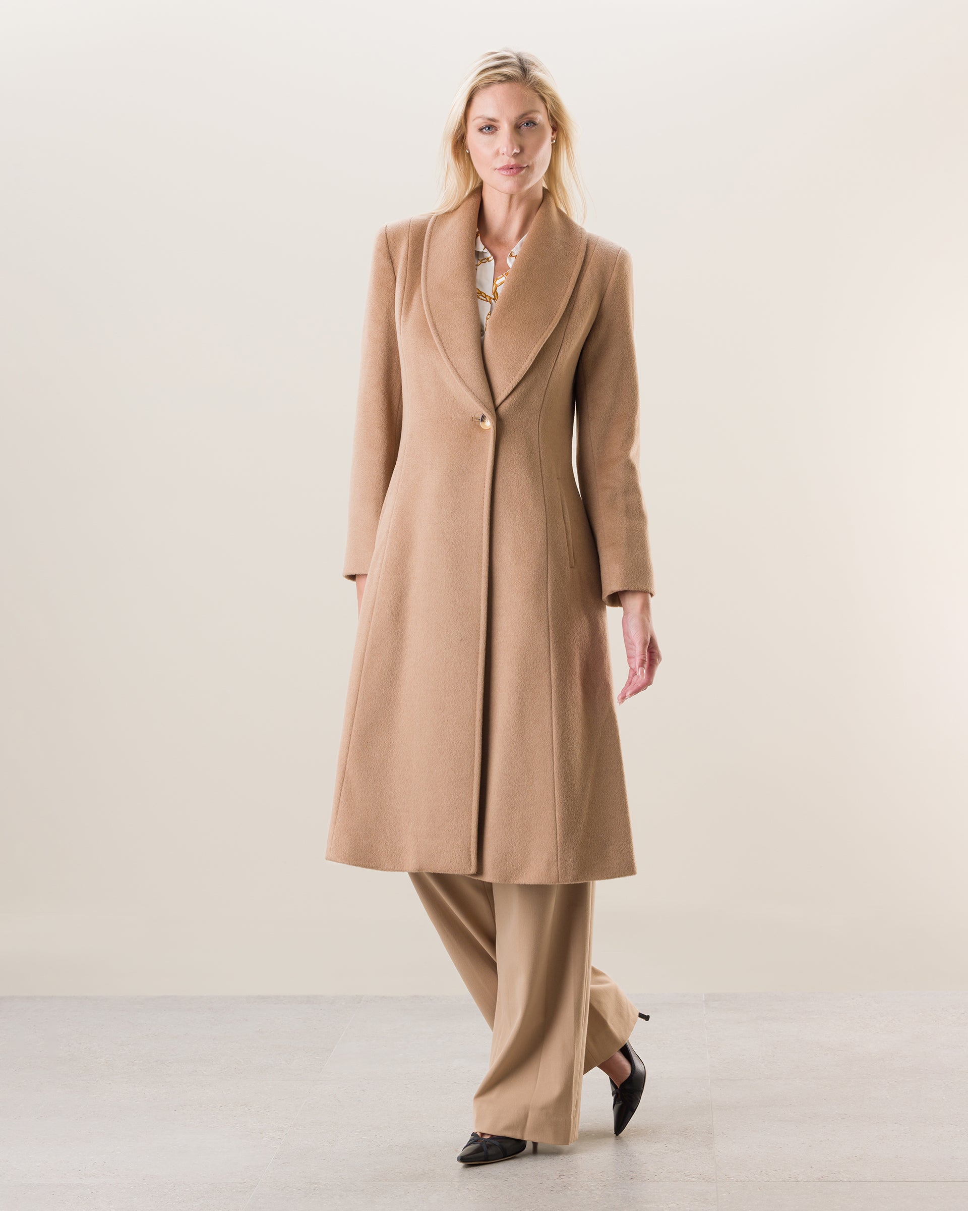 Elegant Camel Hair Long Coat with Flared Silhouette | Sofia Cashmere ...